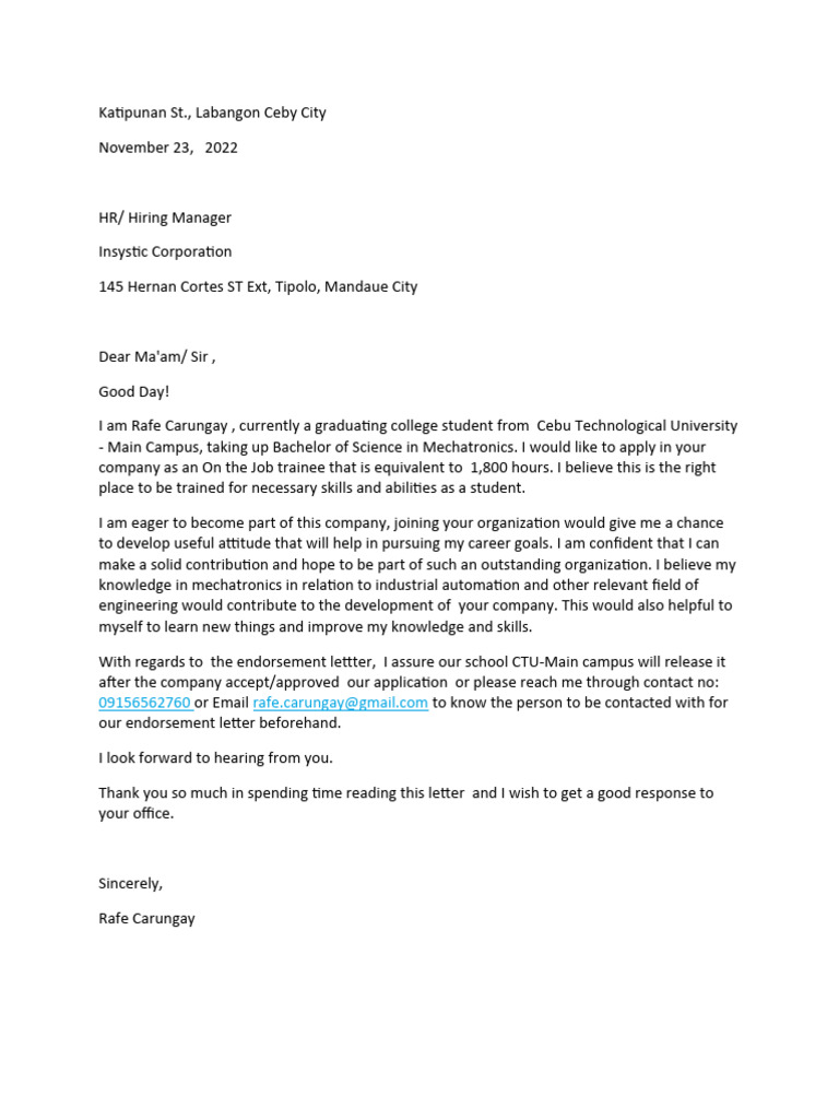 Insystic Corp. Application Letter 123 | PDF | Business