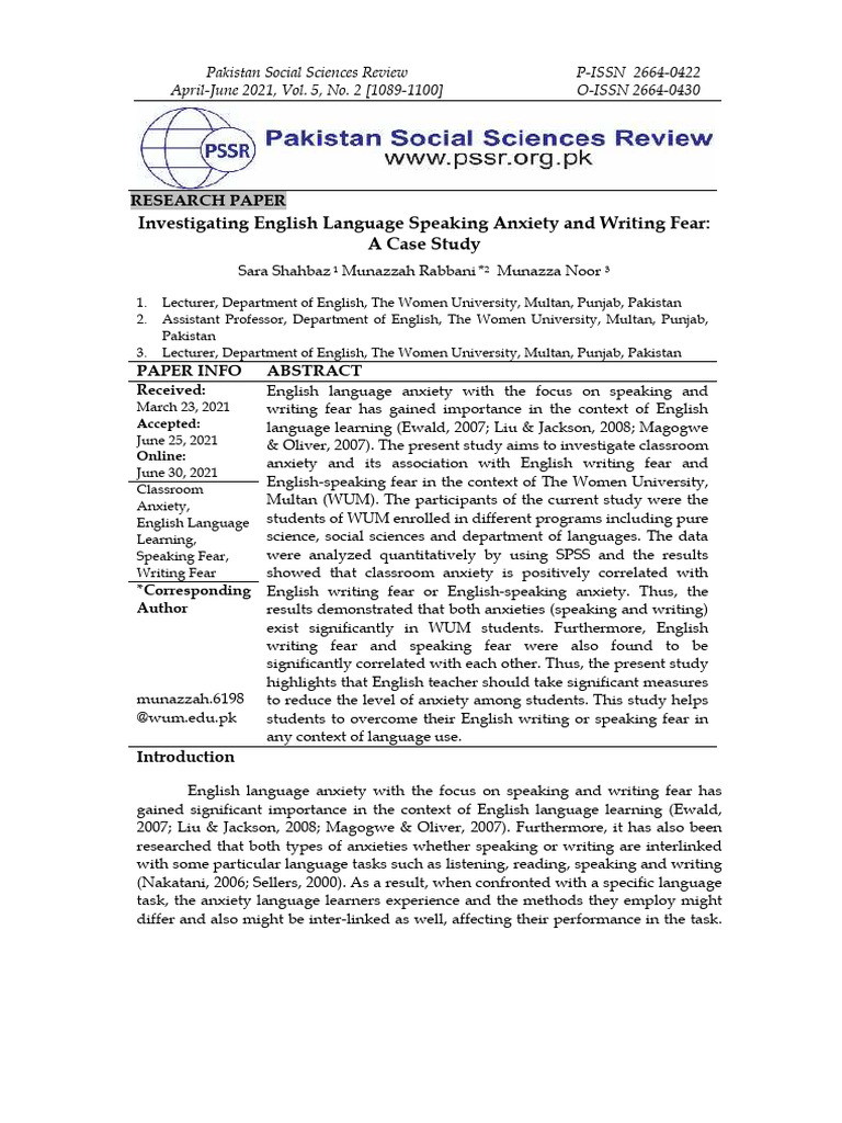 Investigating English Language Speaking Anxiety and Writing Fear A Case Study | PDF