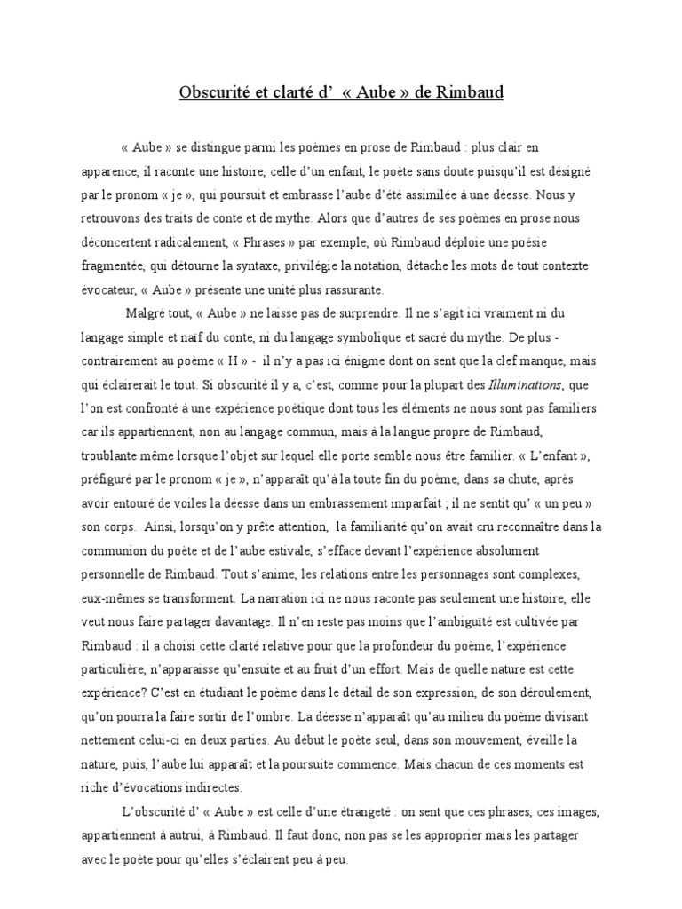 Analyse du poème "Aube" de Rimbaud | PDF | Arthur Rimbaud | Poésie