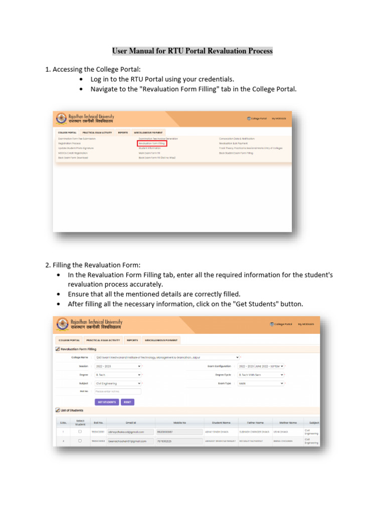RTU Revaluation Portal Guide | PDF