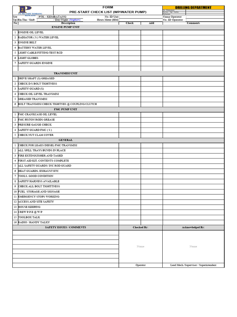 Form Pre-Start Check List PUMP | PDF