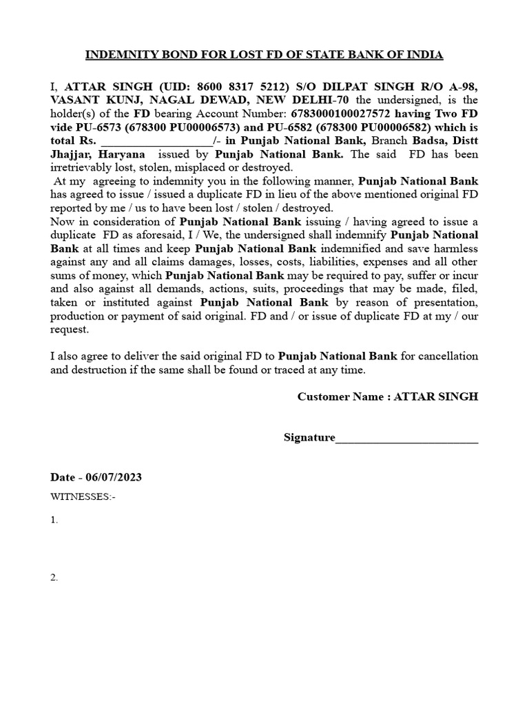 Indemnity Bond For Lost FD of Attar Singh | PDF | Finance & Money ...