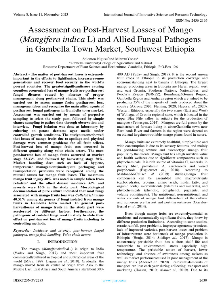 Assessment On Post-Harvest Losses of Mango (Mangifera Indica L) and ...