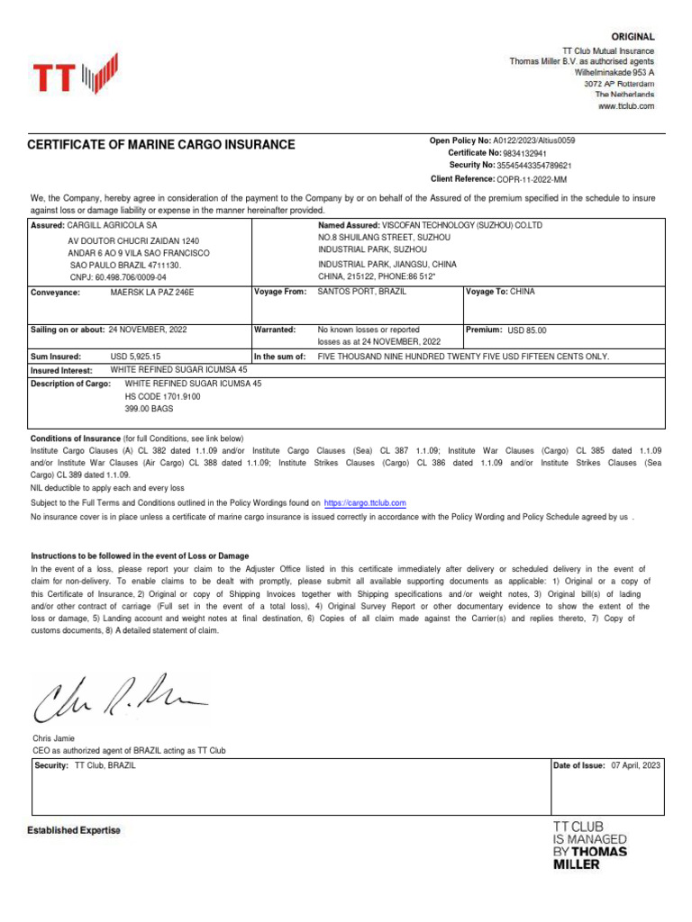 Marine Cargo Insurance Certificate Sample | PDF | Insurance | Service ...