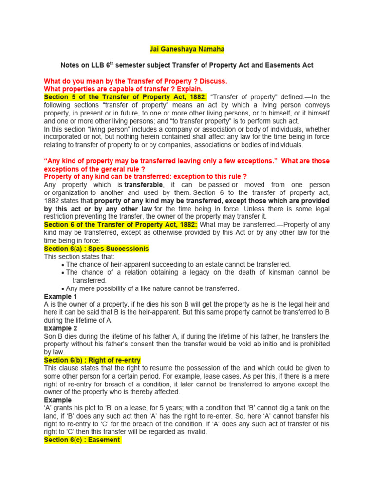 Notes On LLB 6th Semester Subject Transfer of Property Act and ...