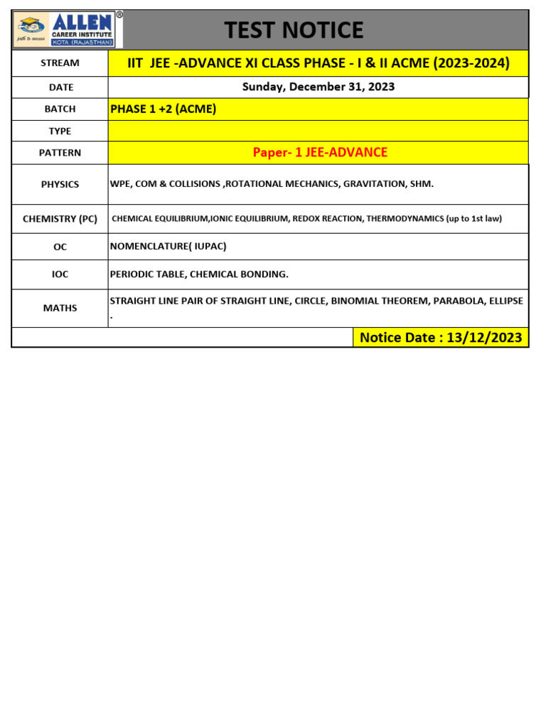 Iit Nurture Phase 1,2,3+acme Test Syllabus 31.12.23 | PDF