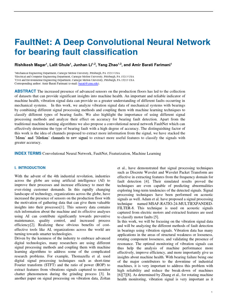 FaultNet A Deep Convolutional Neural Network For Bearing Fault Classification | PDF