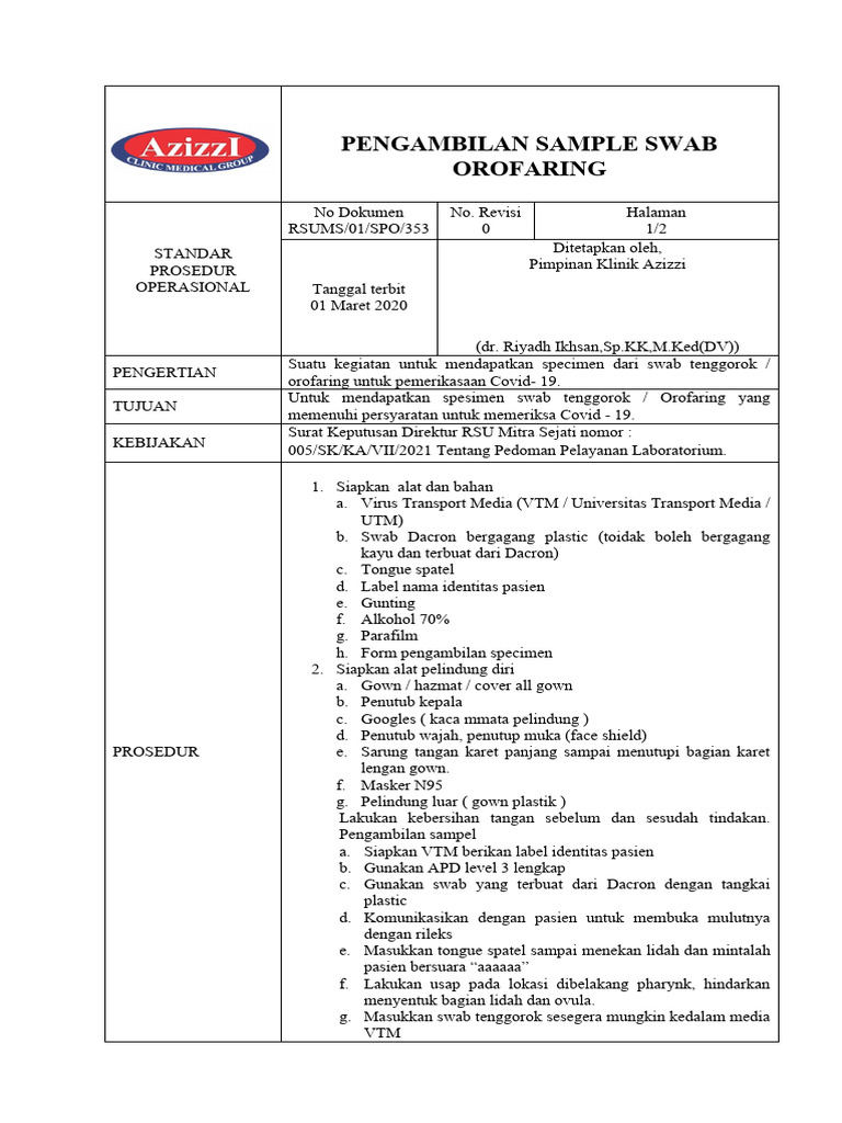 OK. SPO - Pengambilan Sample Swab Orofaring | PDF