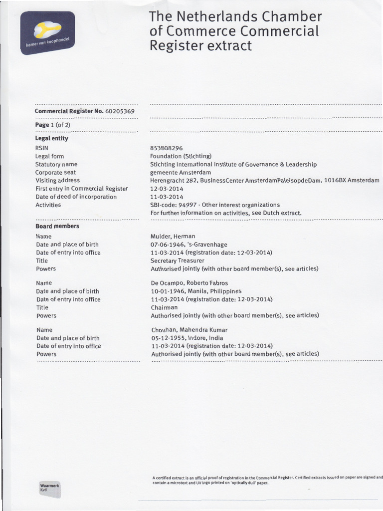 IIGL Board Netherland Cham Com Register Extract | PDF | Netherlands