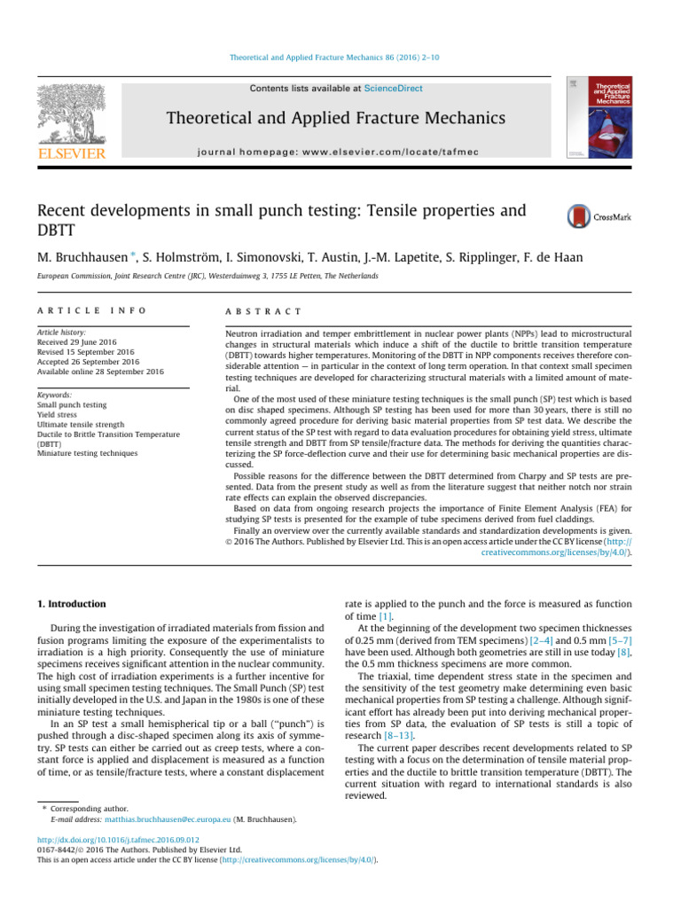 Recent Developments in Small Punch Testing: Tensile Properties and DBTT ...
