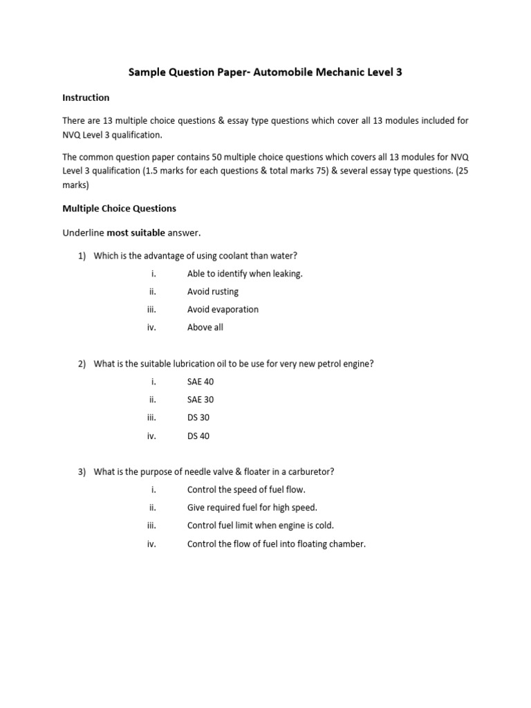 Level 3 Automobile Mechanic Exam Paper | PDF | Horsepower | Carburetor