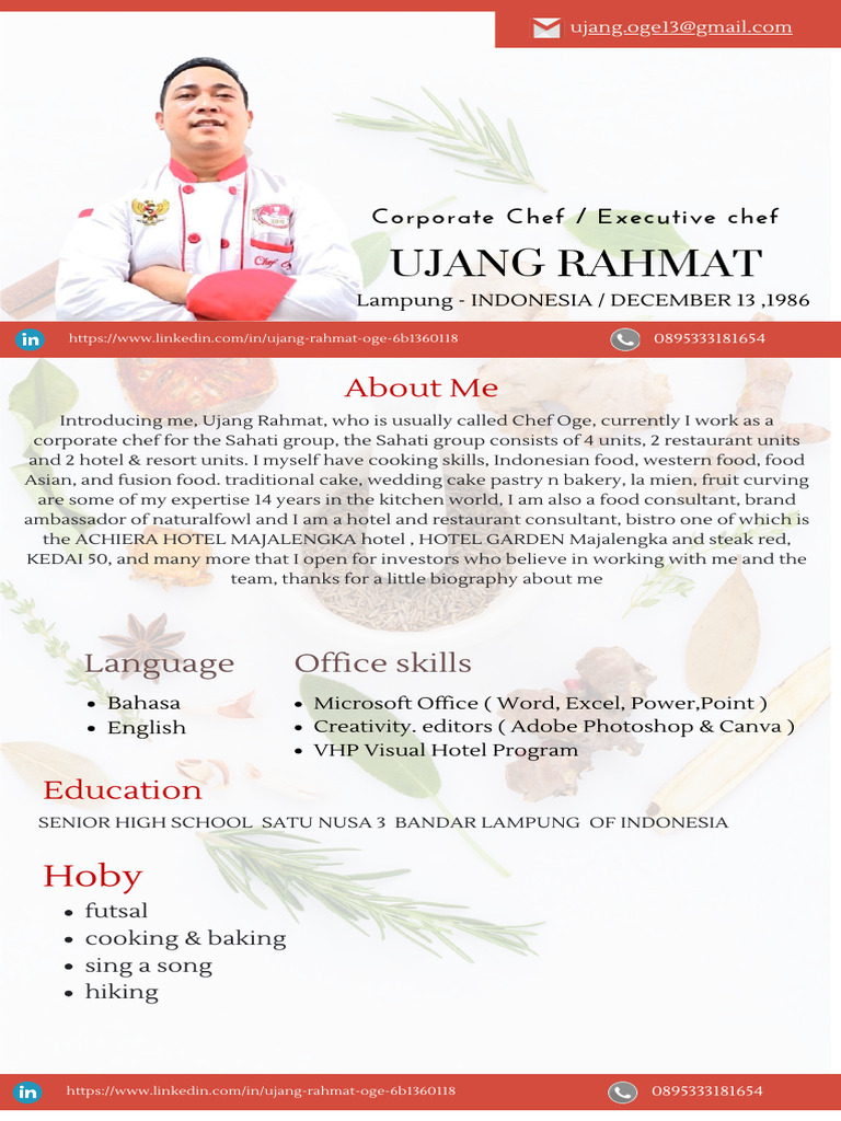 Ujang Rahmat Chef Oge Restaurant Manager - Resume | PDF | Chef | Jakarta