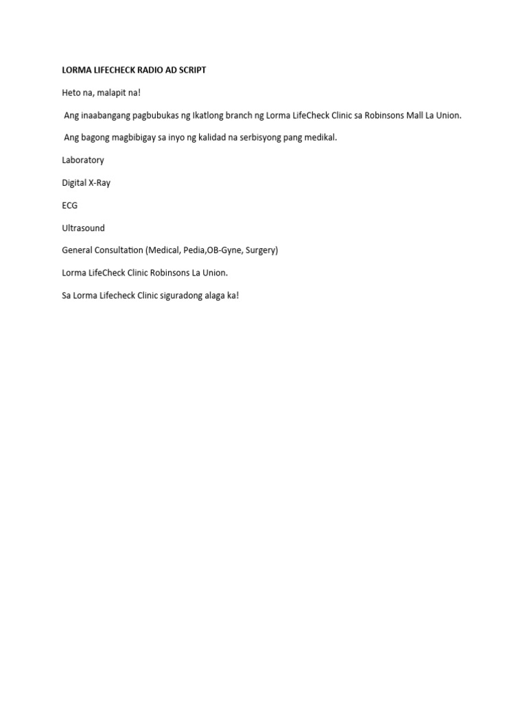 Lifecheck Robinsons Radio Script | PDF