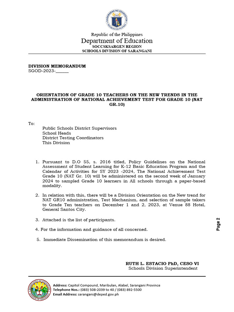Memo Nat Orientation Grade 10 | PDF