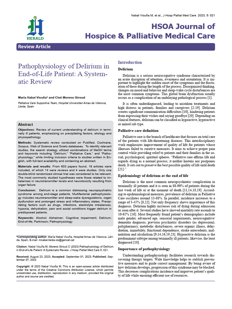 Pathophysiology of Delirium in End of Life Patient A Systematic Review ...