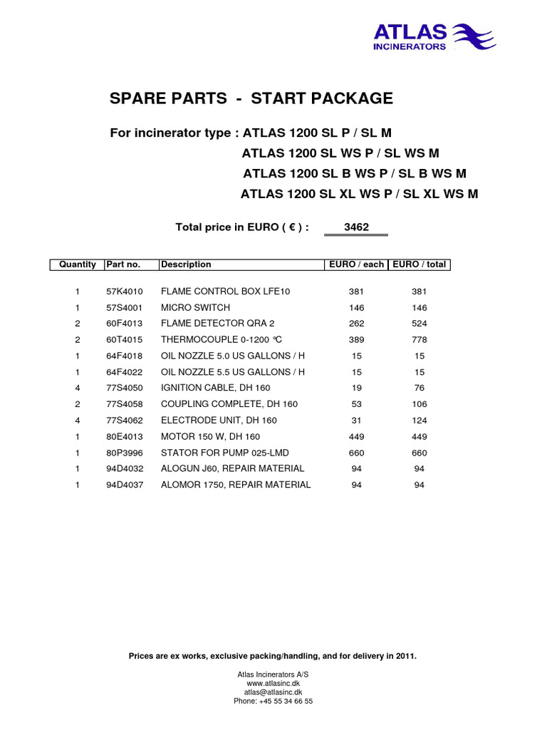 Atlas 1200 Incinerator Parts List | PDF