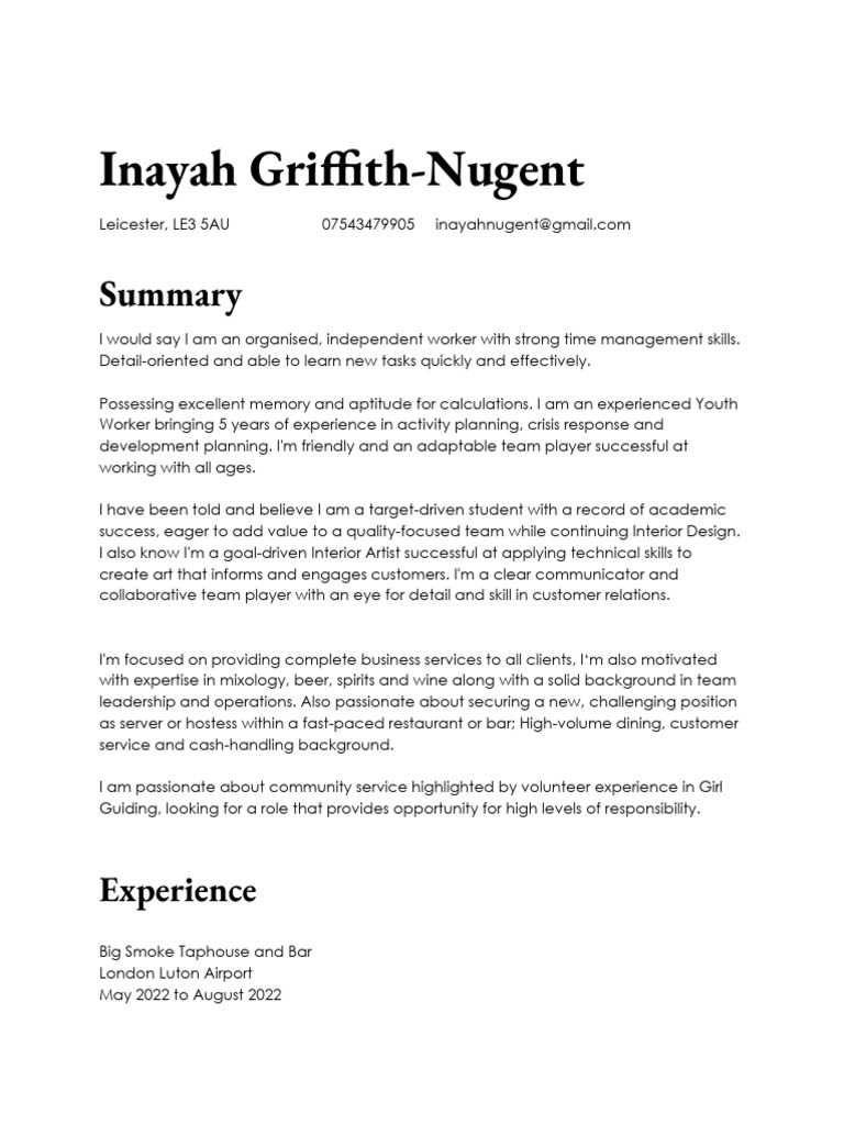 Inayah Griffith-Nugent CV | PDF | Tableware | Page Layout