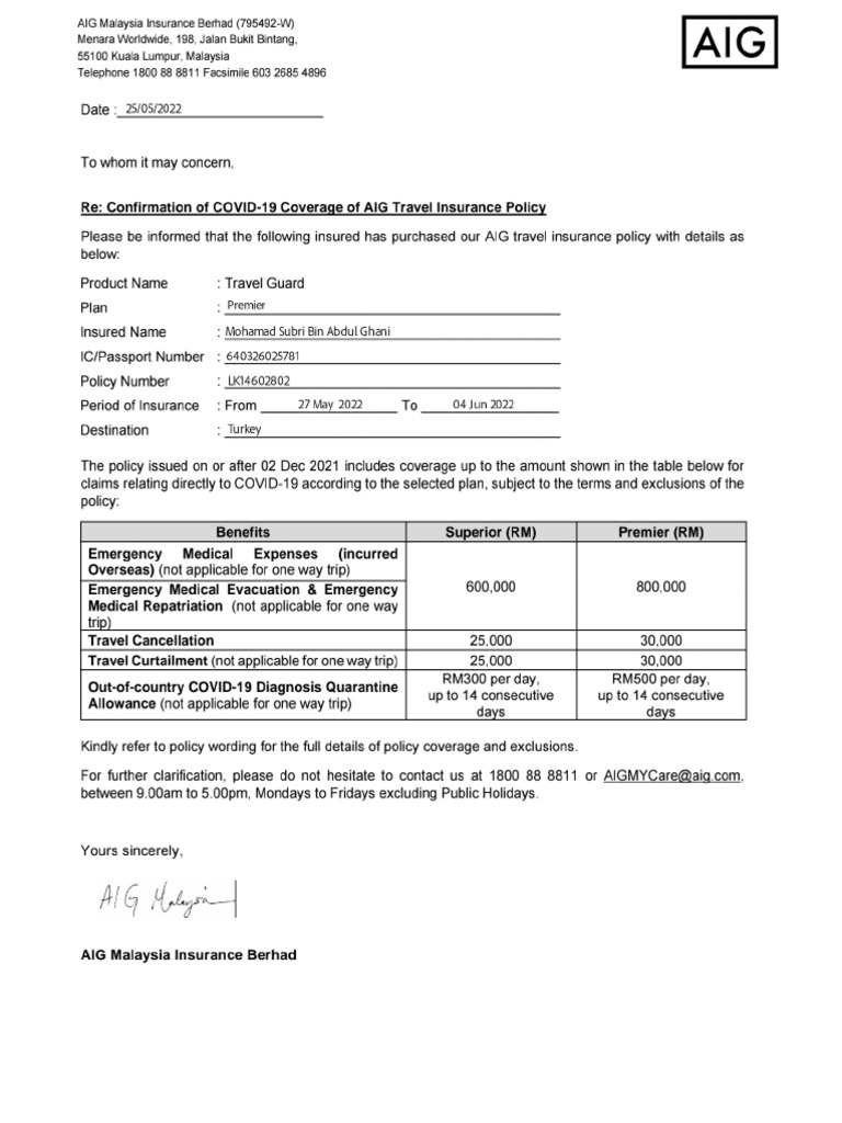 AIG Confirmation Letter for Travel Guard With COVID-19 Coverage ...