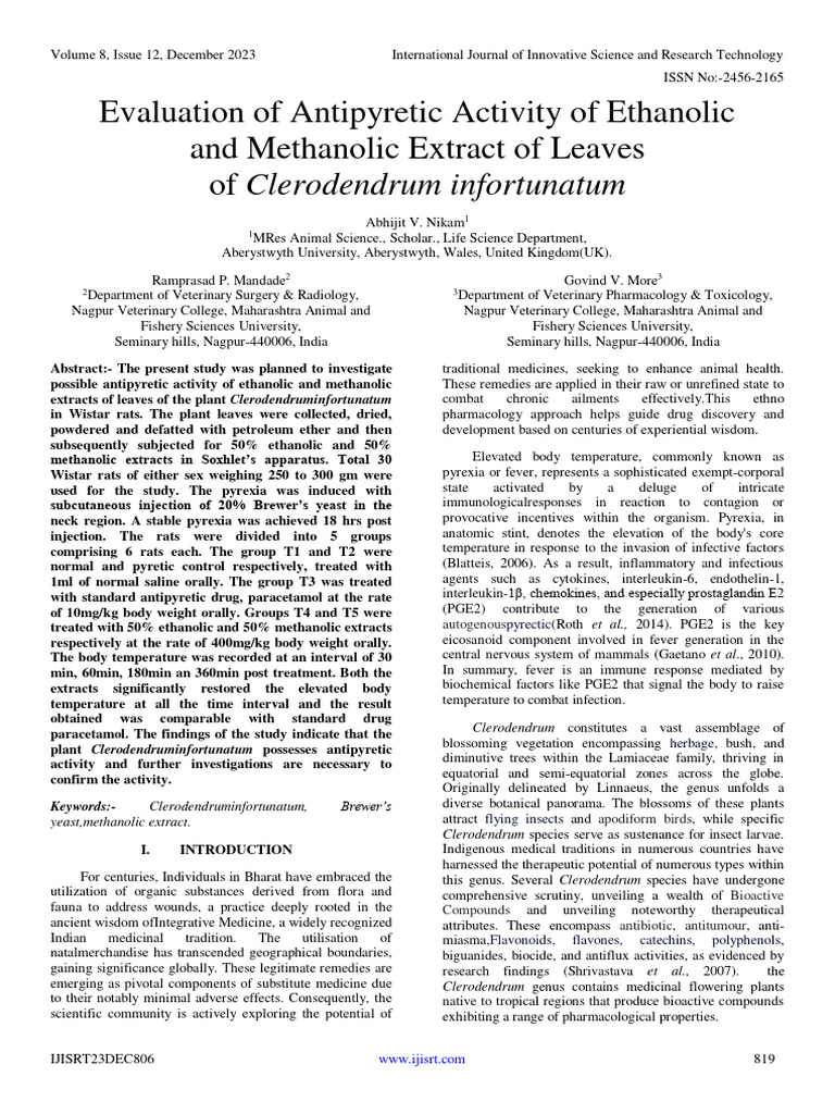 Evaluation of Antipyretic Activity of Ethanolic and Methanolic Extract of Leaves of Clerodendrum ...
