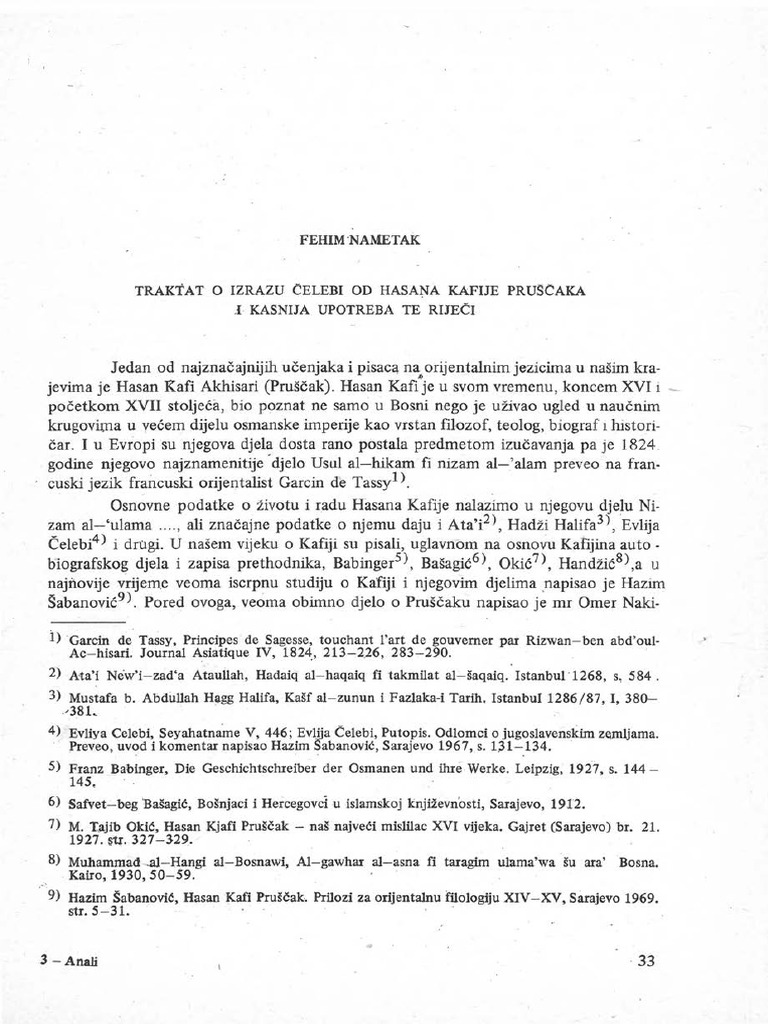 FEHIM NAMETAK - TRAKTAT O IZRAZU ČELEBI (U Anali GHB br.3) | PDF