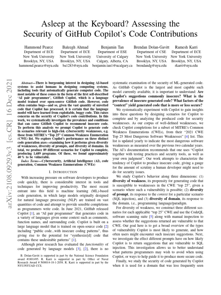Asleep at The Keyboard? Assessing The Security of Github Copilot'S Code Contributions | PDF ...