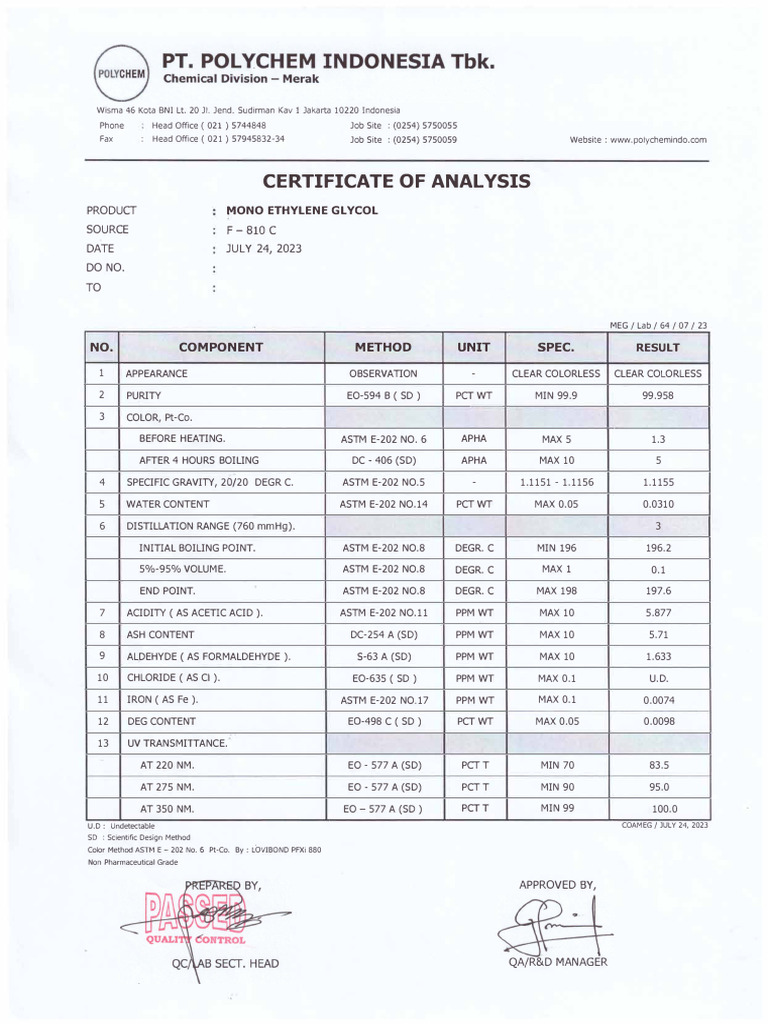 COA MEG Polychem | Download Free PDF | Products Of Chemical Industry ...