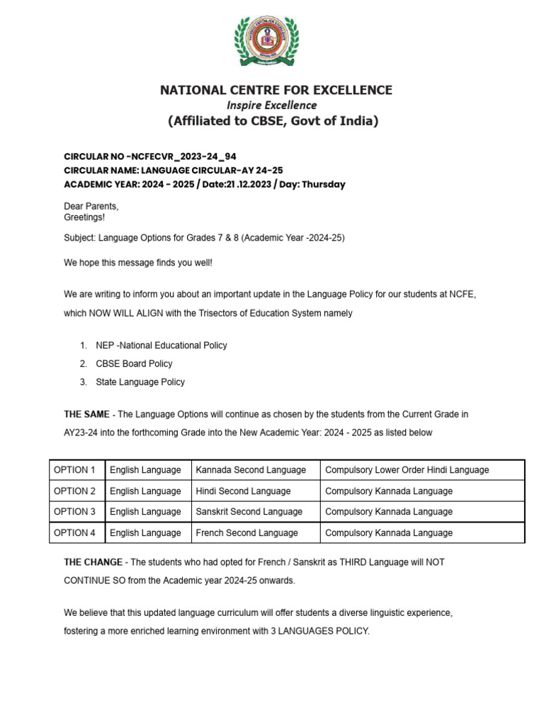 Grade 7 and 8 - LANGUAGE CIRCULAR-24-25-MIDDLE STAGE | PDF