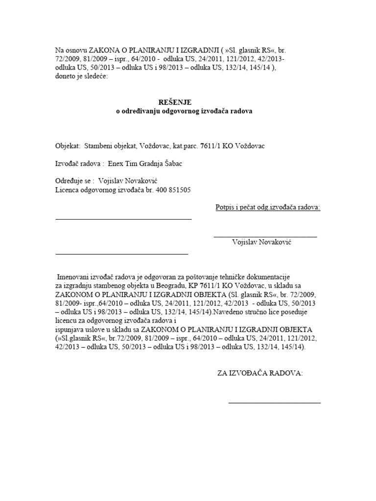 Rešenje o Imenovanju Odgovornog Izvodjaca Radova | PDF