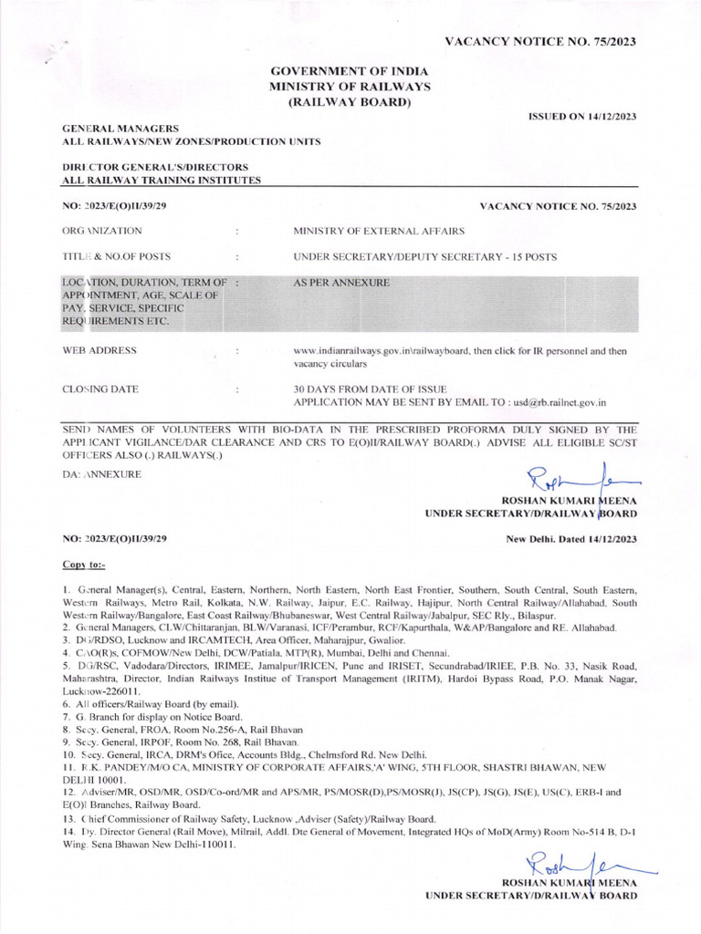 Railway & MEA Vacancy Notice | PDF | Government Of India | Rail Transport