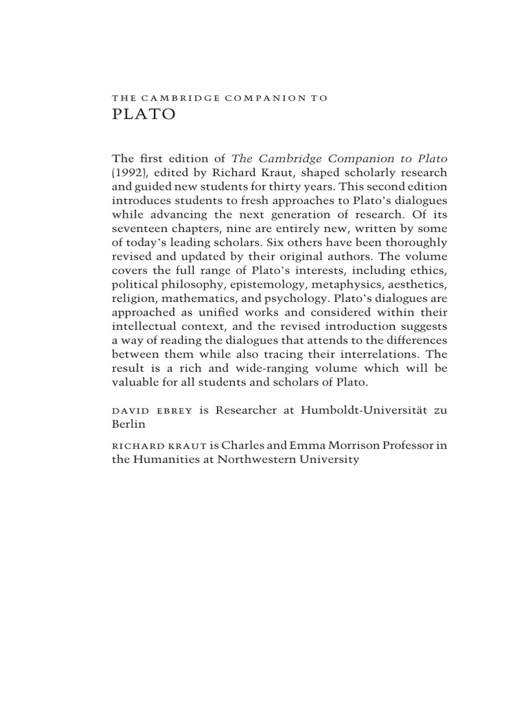 Ebrey & Kraut - The Cambridge Companion To Plato (2022) | PDF ...
