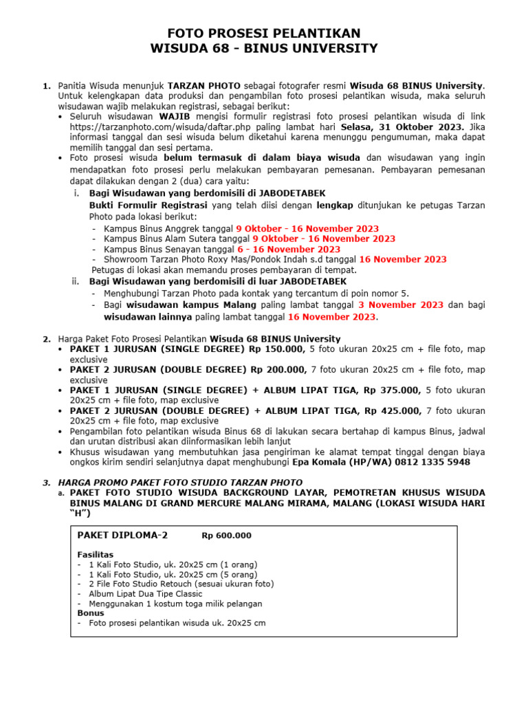 Pengumuman Foto Prosesi Pelantikan - Wisuda 68 - BINUS University | PDF