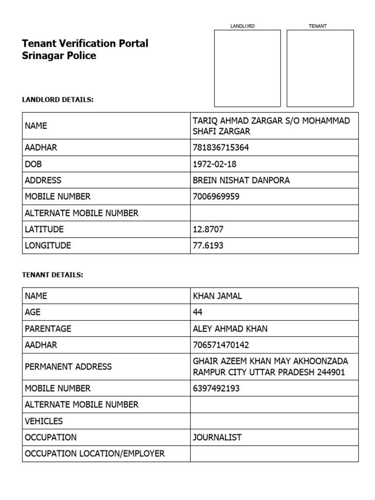 Tenant Verification Portal Srinagar Police: Landlord Details | PDF