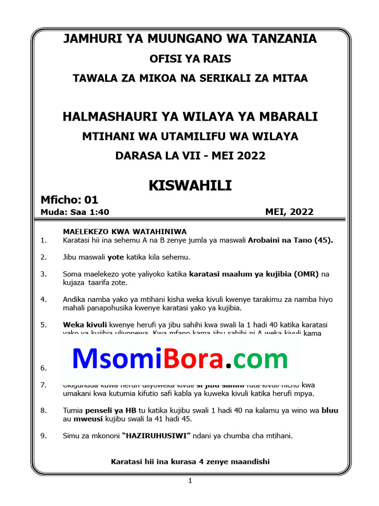 Mbarali Mock Drs 7 2022 - Msomibora - Com-1 | PDF