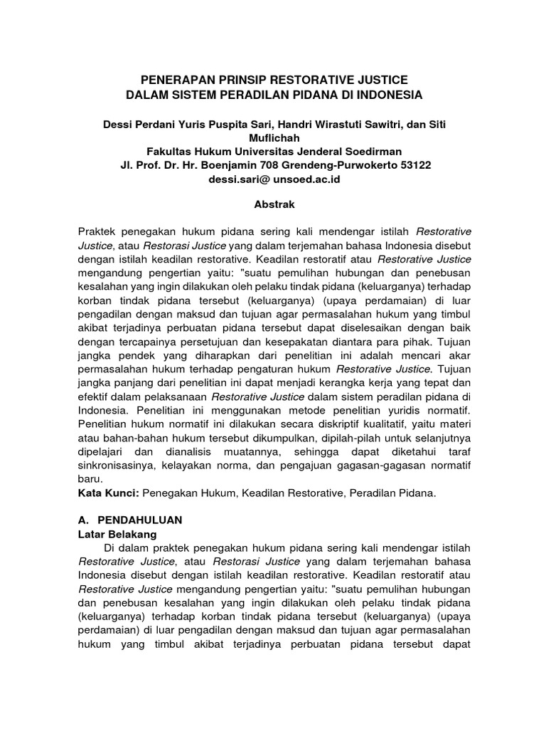 Penerapan Prinsip Restorative Justice Dalam Sistem Peradilan Pidana Di Indonesia | PDF