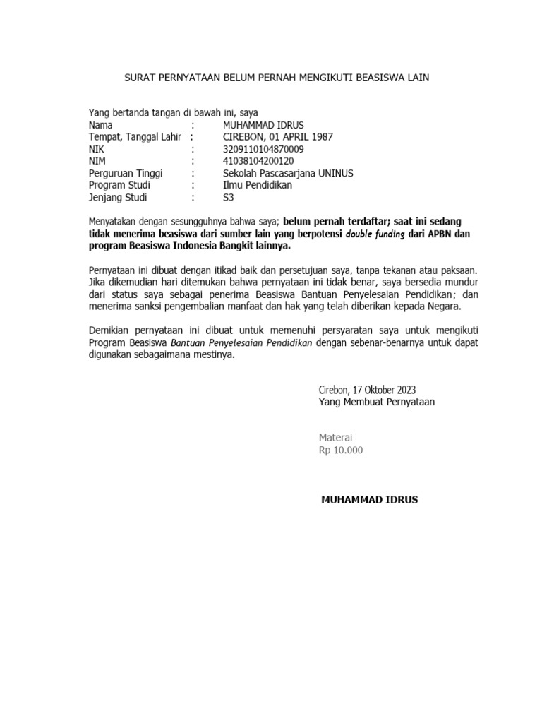 Format Surat Pernyataan Terkait Beasiswa Lain BPP | PDF