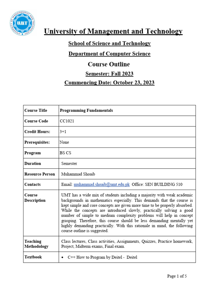 ProgFun-Outline - OBE-F2023 | PDF | Pointer (Computer Programming) | Computer Programming