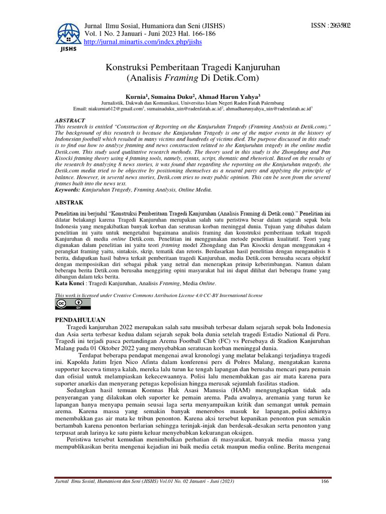 Konstruksi Pemberitaan Tragedi Kanjuruhan (Analisis Framing Di Detik - Com) | PDF