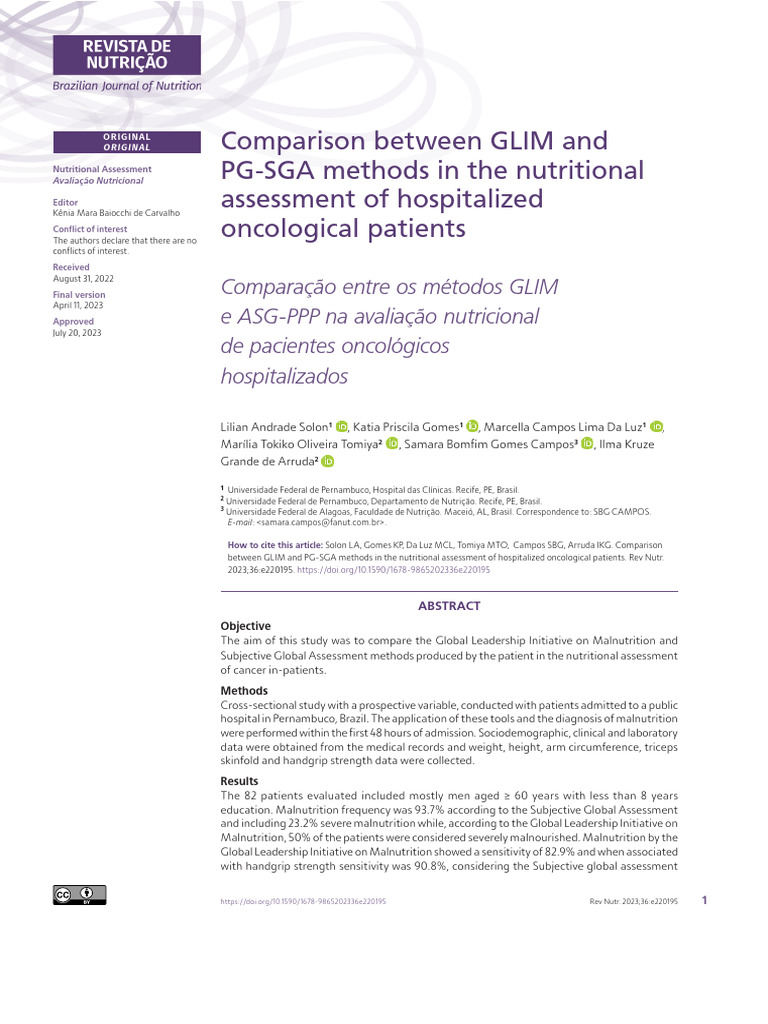 GLIM vs PG-SGA in Cancer Patient Nutrition | PDF | Sensitivity And ...