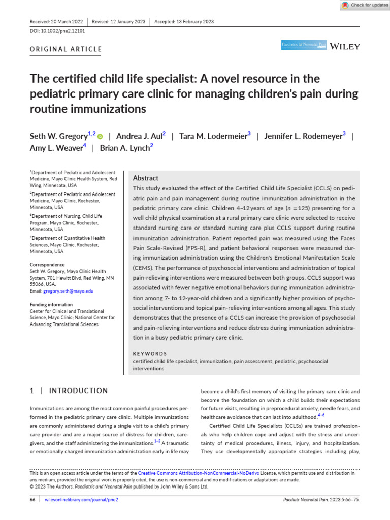 Paediatric and Neonatal Pain - 2023 - Gregory - The Certified Child Life Specialist A Novel ...