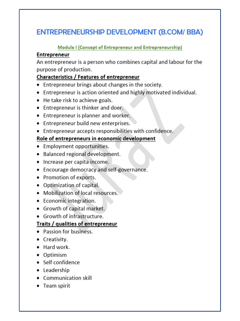Entrepreneurship Development-Short Notes by Juraz-1 | PDF