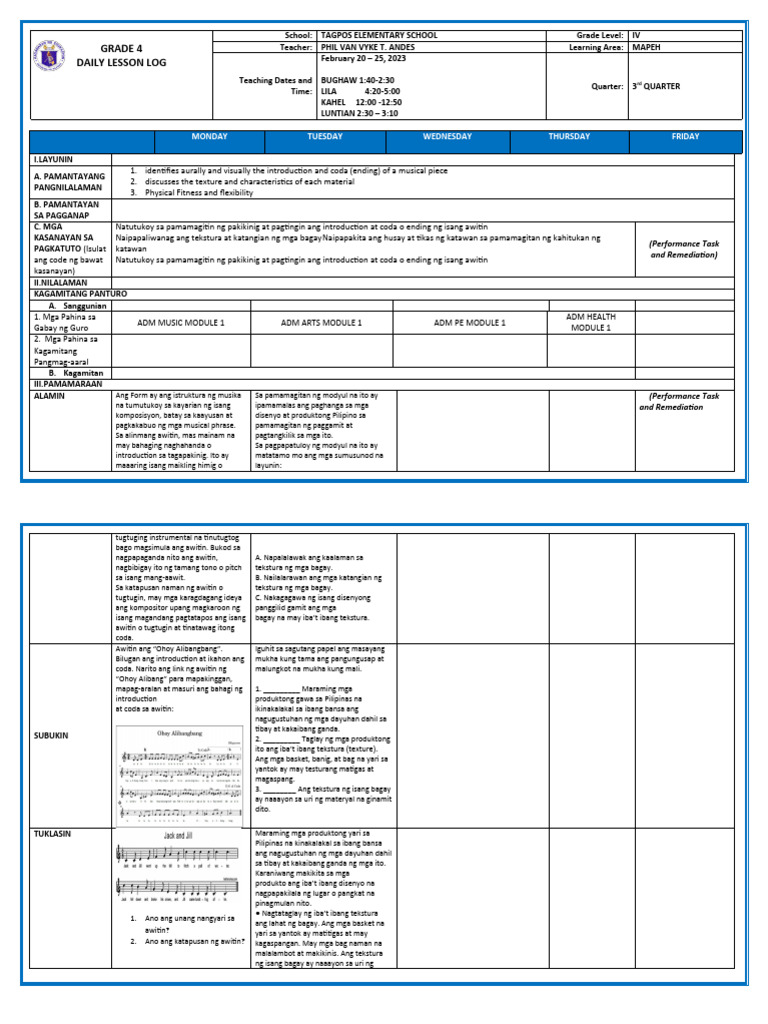 DLL Mapeh Week 1 | PDF