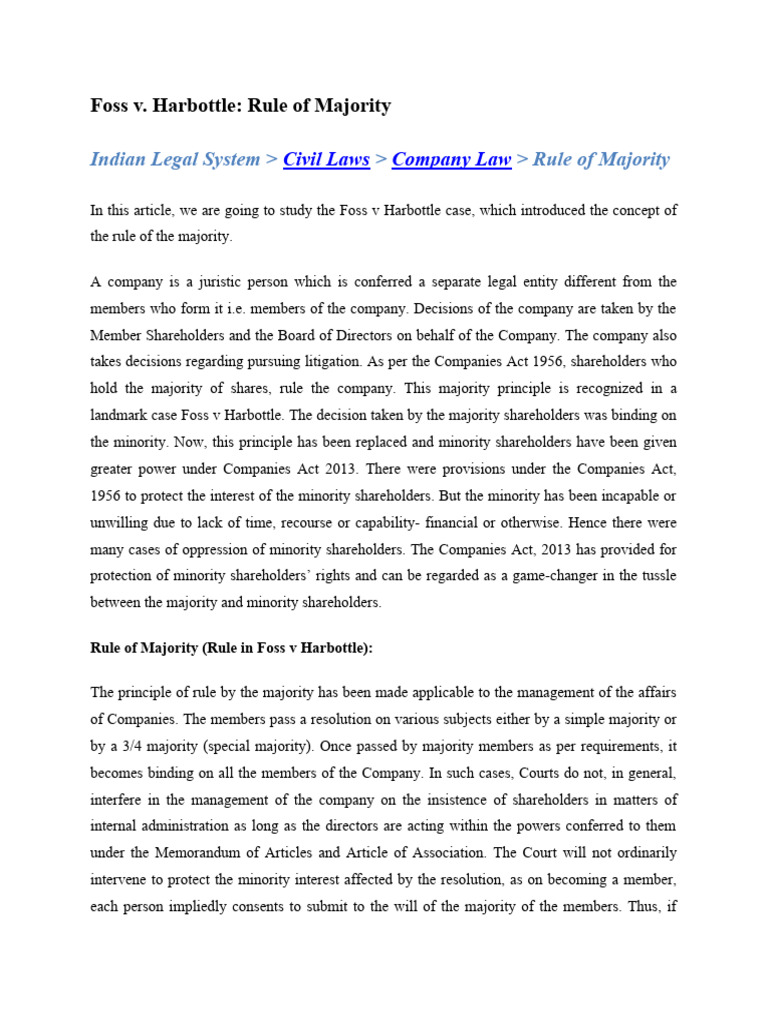 Majority Rule in Company Law | PDF