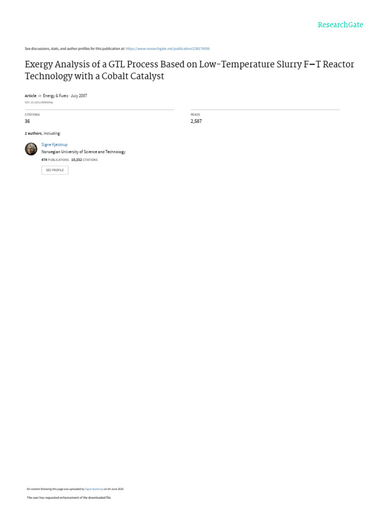 Exergy Analysis of A GTL Process - LT Slurry F-T Reactor With Co ...