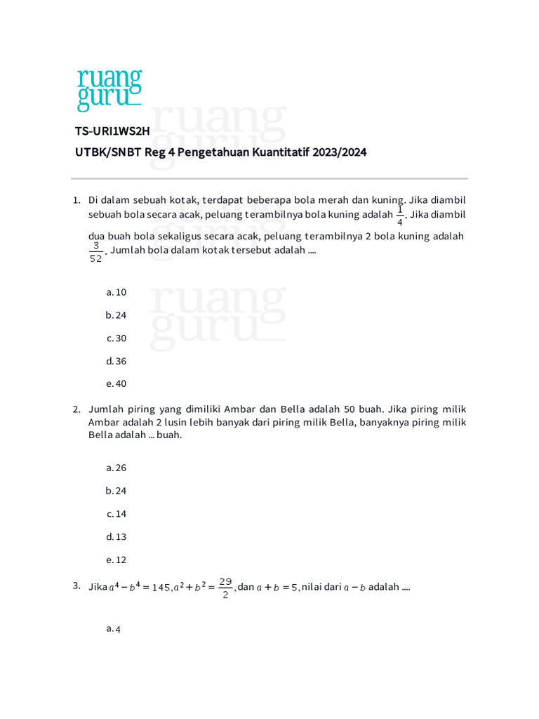 BS BAC-BAO UTBK - SNBT Reg 4 Pengetahuan Kuantitatif 2023 - 2024 | PDF | Seni & Disiplin Bahasa ...