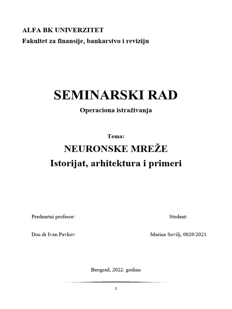 SEMINARSKI RAD - Neuronske Mreže | PDF