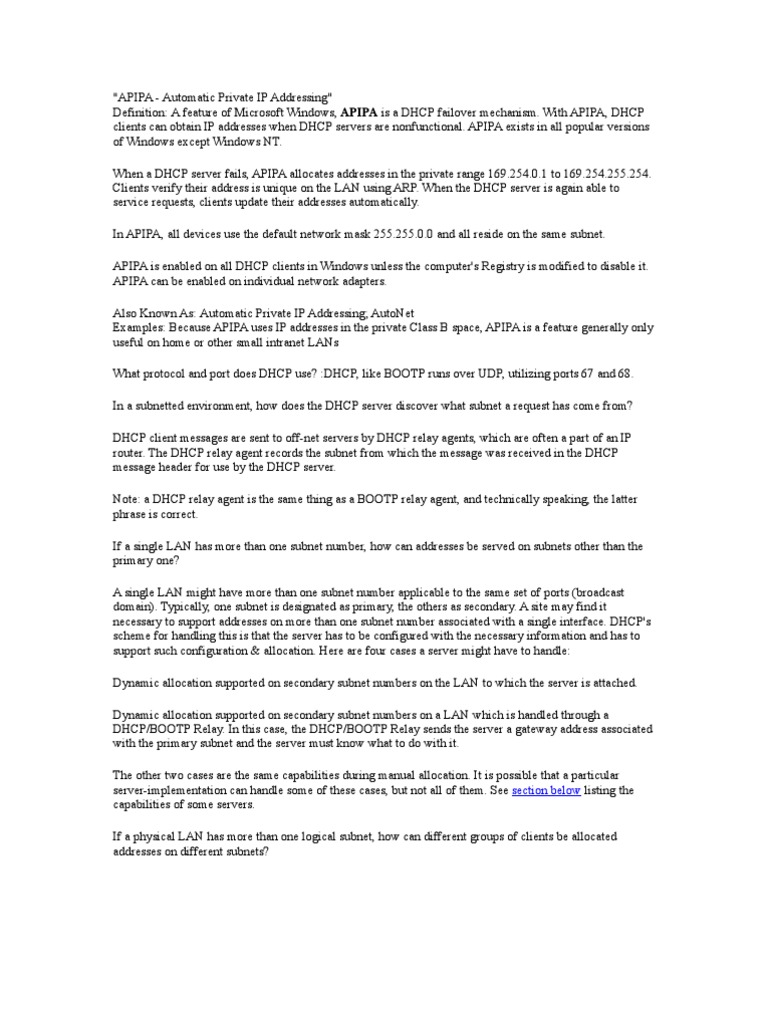 APIPA-DHCP Failover | Download Free PDF | Ip Address | Networking Standards