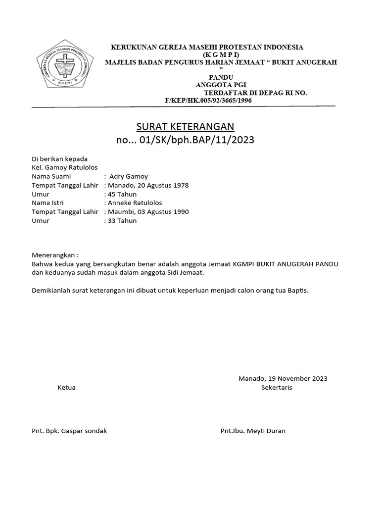 Surat Keterangan Orangtua Baptis 2023 | PDF