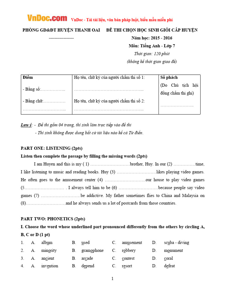 De-Thi-Chon-Hoc-Sinh-Gioi-Mon-Tieng-Anh-Lop-7-Huyen-Thanh-Oai-Nam-Hoc-2015-2016 | PDF