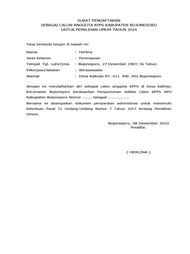 Format Surat Pendaftaran Sebagai Calon Anggota KPPS | PDF