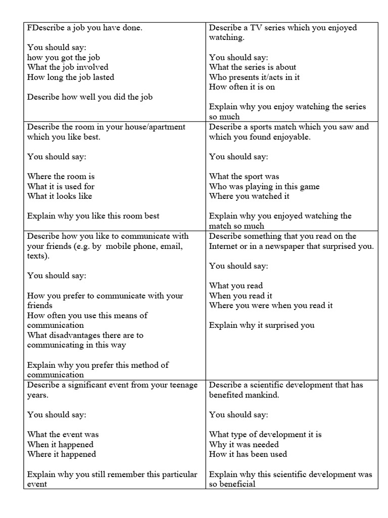 IELTS Speaking Cards | PDF